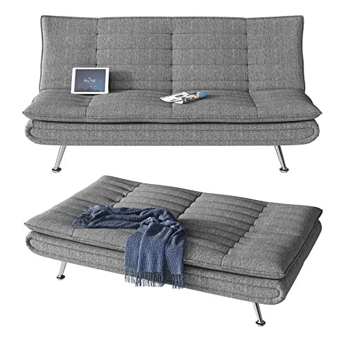 Modern Convertible Futon Sofa Bed, Folding Couch Bed with Metal Legs and Cotton Linen Fabric for Studio Apartment Office, Gray