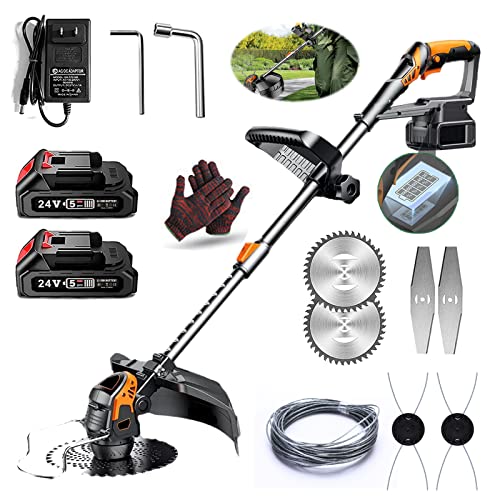 Electric Weed Eater Battery Powered Weed Wacker, String Trimmers with Remaining Power Display, Adjustable Machine Head Electric Lawn Edger for Garden and Yard