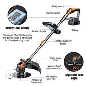 Electric Weed Eater Battery Powered Weed Wacker, String Trimmers with Remaining Power Display, Adjustable Machine Head Electric Lawn Edger for Garden and Yard