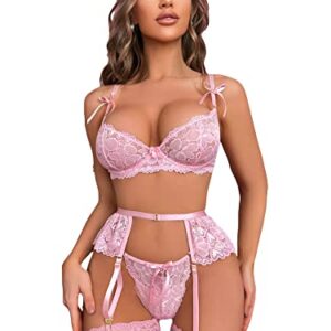 SOLY HUX Women's Valentines Sexy Mesh Lingerie Set Lace Teddy Strap Babydoll Bodysuit with Garter Belts Solid Light Pink S