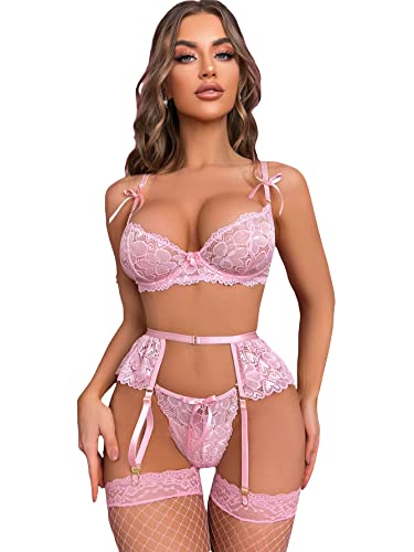 SOLY HUX Women's Valentines Sexy Mesh Lingerie Set Lace Teddy Strap Babydoll Bodysuit with Garter Belts Solid Light Pink S