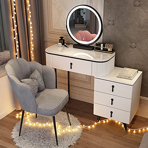 Vanity Desk with 3-Color Lighted Mirror, Makeup Vanity Table Set with Drawers, Movable 3-Drawer Chest, Dressing Table with Vanity Cushioned Chair for Women Girls Makeup Room, Bedroom ( Color : White+B