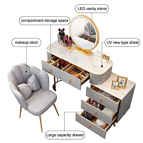 Vanity Desk with 3-Color Lighted Mirror, Makeup Vanity Table Set with Drawers, Movable 3-Drawer Chest, Dressing Table with Vanity Cushioned Chair for Women Girls Makeup Room, Bedroom ( Color : White+B