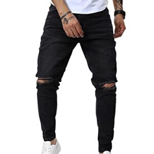 Woenzaia Black Ripped Skinny Jeans for Men Stretch Slim Fit Distressed Denim Jeans Tapered Jean Pants