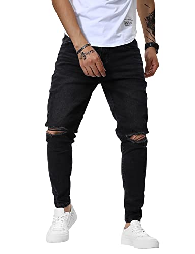 Woenzaia Black Ripped Skinny Jeans for Men Stretch Slim Fit Distressed Denim Jeans Tapered Jean Pants