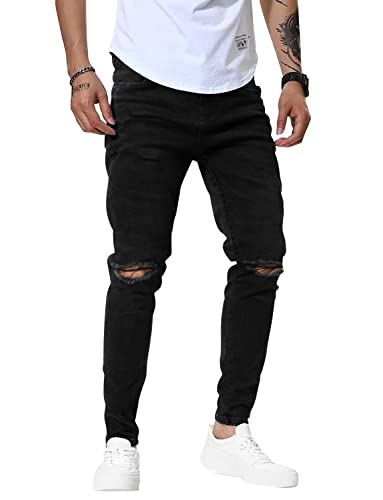 Woenzaia Black Ripped Skinny Jeans for Men Stretch Slim Fit Distressed Denim Jeans Tapered Jean Pants