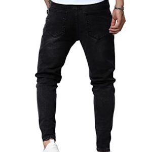 Woenzaia Black Ripped Skinny Jeans for Men Stretch Slim Fit Distressed Denim Jeans Tapered Jean Pants