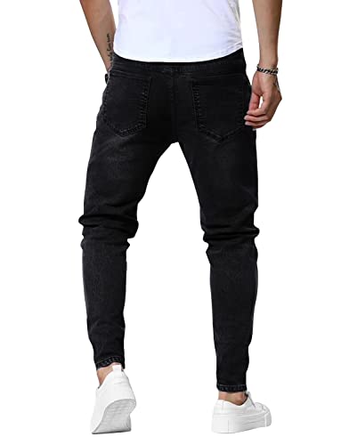 Woenzaia Black Ripped Skinny Jeans for Men Stretch Slim Fit Distressed Denim Jeans Tapered Jean Pants