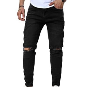 Woenzaia Black Ripped Skinny Jeans for Men Stretch Slim Fit Distressed Denim Jeans Tapered Jean Pants