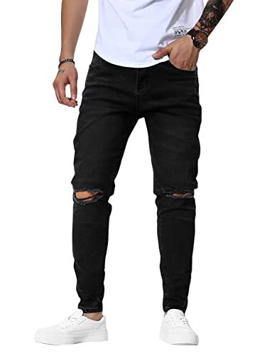 Woenzaia Black Ripped Skinny Jeans for Men Stretch Slim Fit Distressed Denim Jeans Tapered Jean Pants