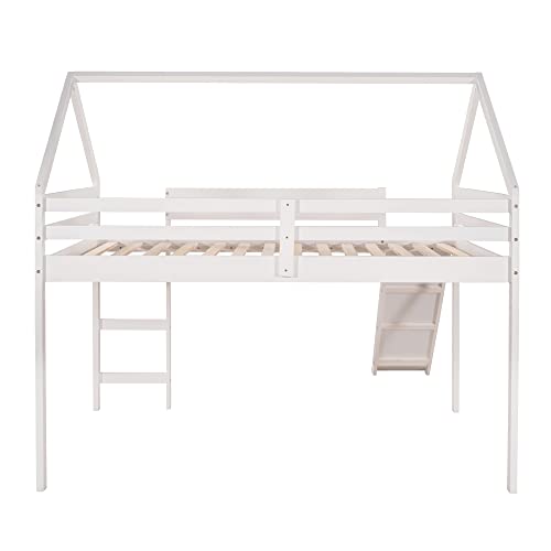 Merax Wooden Montessori Low Loft Bed with Slide Stairs, Full Guardrail House Loft Bunk Bed for Kids Boys,Girls, No Box Spring Need Full White