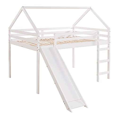 Merax Wooden Montessori Low Loft Bed with Slide Stairs, Full Guardrail House Loft Bunk Bed for Kids Boys,Girls, No Box Spring Need Full White