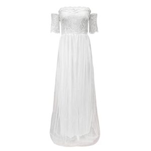 Women's Off Shoulder Long Ruched Tulle Evening Dresses Bridesmaid Dresses Wedding Guest Dresses for Women Lace Splice White