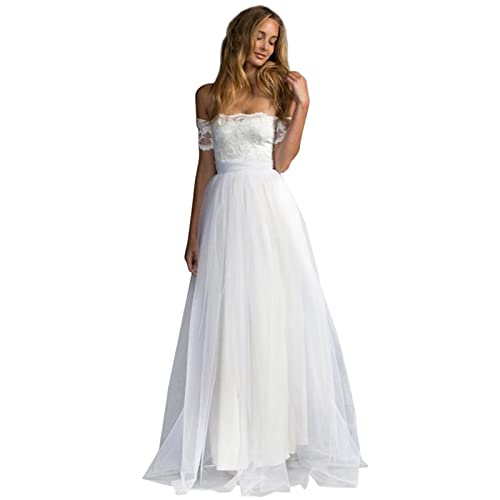 Women's Off Shoulder Long Ruched Tulle Evening Dresses Bridesmaid Dresses Wedding Guest Dresses for Women Lace Splice White