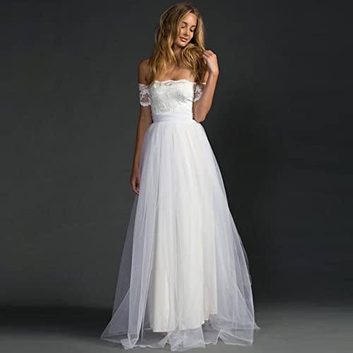 Women's Off Shoulder Long Ruched Tulle Evening Dresses Bridesmaid Dresses Wedding Guest Dresses for Women Lace Splice White