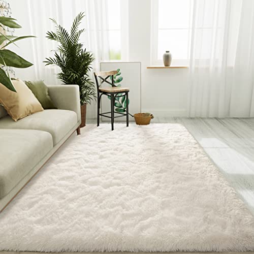 LOCHAS Fluffy Soft Cream Area Rug for Bedroom 4x6 Feet, Large Shag Bedroom Rugs for Girls Room Kids, Shaggy Thick Living Room Rug Carpet, Not Shed Indoor Furry Carpets for Home Decor