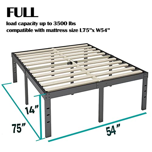 Auroral Zone Full Size Bed Frame 14 Inch High, 3" Wide Wood Slats with Better Support for Foam Mattress No Sagging, No Slip, No Box Spring Needed, Noise Free/Easy Assembly-Black