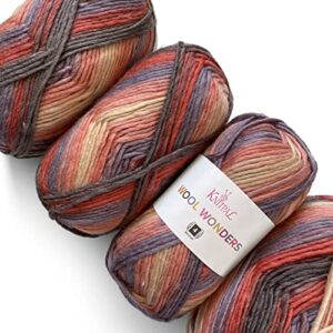 wool wonders variegated self-striping worsted weight yarn #4, woolen yarn for scarves, blanket and garments, 4-skeins bulk size, 400g/640yds (purple peach)