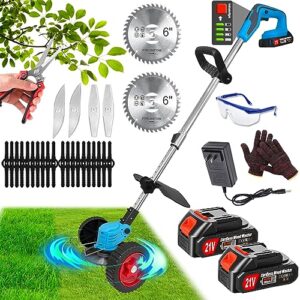 cordless weed wacker electric weed eater with 2 x 21v/2.0ah battery powered and charger, 3-in-1 lightweight brush cutter edger lawn tool no-string grass trimmer push wheeled lawn mower for yard garden