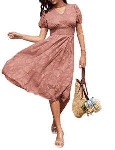 grace karin women's summer puff sleeve flowy dress 2023 v neck smocked boho floral a line tiered midi dresses orange pink