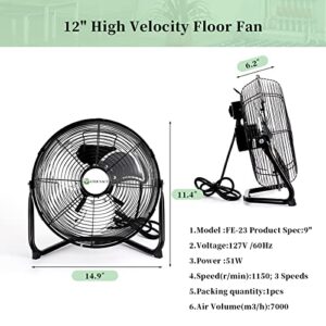 GTOUNACT 12 Inch Floor Fan 3-speed High Velocity 360°Adjustable Tilting Powerful Airflow Heavy Duty,All-Metal Construction, Convenient Carry Handle,Personal Cooling Fan with 3 Speed for Home Office