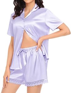 swomog womens silky satin pajamas for bridesmaid short sleeve top with short sleeve sleepwear pj set 2 piece loungwear