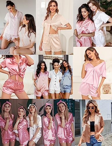 SWOMOG Womens Silky Satin Pajamas for Bridesmaid Short Sleeve Top with Short Sleeve Sleepwear Pj Set 2 Piece Loungwear