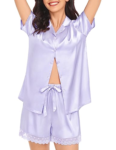 SWOMOG Womens Silky Satin Pajamas for Bridesmaid Short Sleeve Top with Short Sleeve Sleepwear Pj Set 2 Piece Loungwear