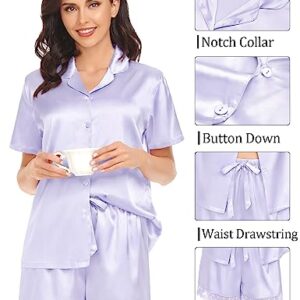 SWOMOG Womens Silky Satin Pajamas for Bridesmaid Short Sleeve Top with Short Sleeve Sleepwear Pj Set 2 Piece Loungwear