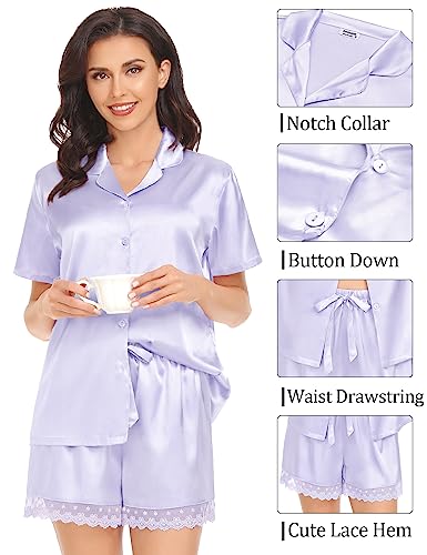 SWOMOG Womens Silky Satin Pajamas for Bridesmaid Short Sleeve Top with Short Sleeve Sleepwear Pj Set 2 Piece Loungwear