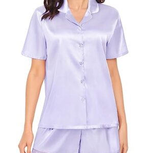 SWOMOG Womens Silky Satin Pajamas for Bridesmaid Short Sleeve Top with Short Sleeve Sleepwear Pj Set 2 Piece Loungwear