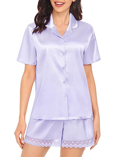 SWOMOG Womens Silky Satin Pajamas for Bridesmaid Short Sleeve Top with Short Sleeve Sleepwear Pj Set 2 Piece Loungwear