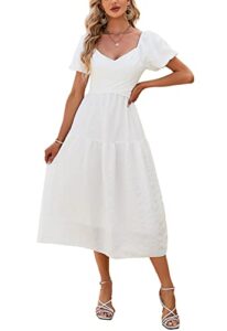 anna&chris womens summer puff sleeve midi dress a line v neck high waist tie back smocked tiered boho wrap dresses white l