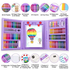 Art Supplies, 272 Pack Art Set Drawing Kit for Girls Boys Teens Artist, Deluxe Gift Art Box with Trifold Easel, Origami Paper, Coloring Pad, Drawing Pad, Pastels, Crayons, Pencils, Watercolors(Purple)