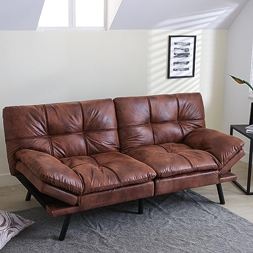 IULULU Futon Sofa Bed Faux Leather Couch with Memory Foam, Modern Convertible Sleeper Daybed with Adjustable Armrests for Studio, Apartment, Office, Dorm, Easy Assembly, Chestnut