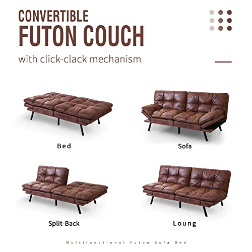 IULULU Futon Sofa Bed Faux Leather Couch with Memory Foam, Modern Convertible Sleeper Daybed with Adjustable Armrests for Studio, Apartment, Office, Dorm, Easy Assembly, Chestnut