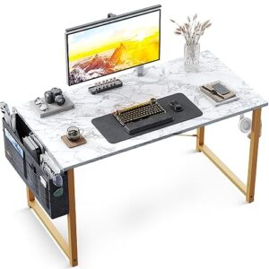 odk study computer desk 40 inch home office writing small desk, modern simple style pc table with storage bag and headphone hook, white marble + gold leg