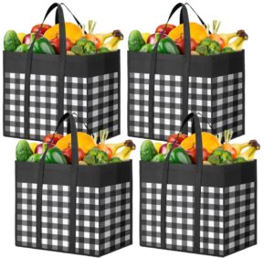 wowbox reusable grocery bags,4-pack, foldable reusable shopping tote bags bulk with reinforced handles,large storage bags with water resistant coating for groceries,multipurpose,black-white