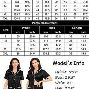 SWOMOG Silk Pajamas for Women Satin Sleepwear Short Sleeve Sleep Shirt with Shorts Soft Loungewear Pjs Set Black