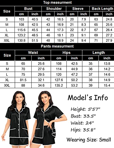 SWOMOG Silk Pajamas for Women Satin Sleepwear Short Sleeve Sleep Shirt with Shorts Soft Loungewear Pjs Set Black