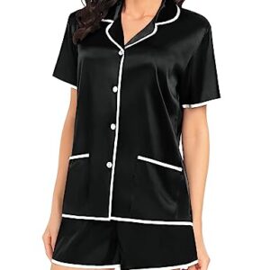 SWOMOG Silk Pajamas for Women Satin Sleepwear Short Sleeve Sleep Shirt with Shorts Soft Loungewear Pjs Set Black