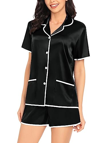 SWOMOG Silk Pajamas for Women Satin Sleepwear Short Sleeve Sleep Shirt with Shorts Soft Loungewear Pjs Set Black