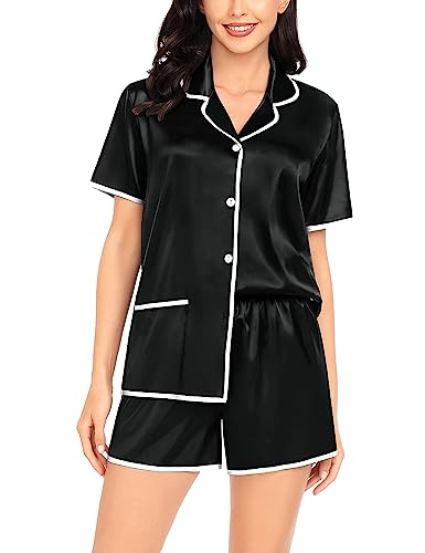 SWOMOG Silk Pajamas for Women Satin Sleepwear Short Sleeve Sleep Shirt with Shorts Soft Loungewear Pjs Set Black