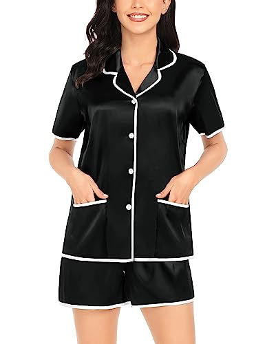 SWOMOG Silk Pajamas for Women Satin Sleepwear Short Sleeve Sleep Shirt with Shorts Soft Loungewear Pjs Set Black