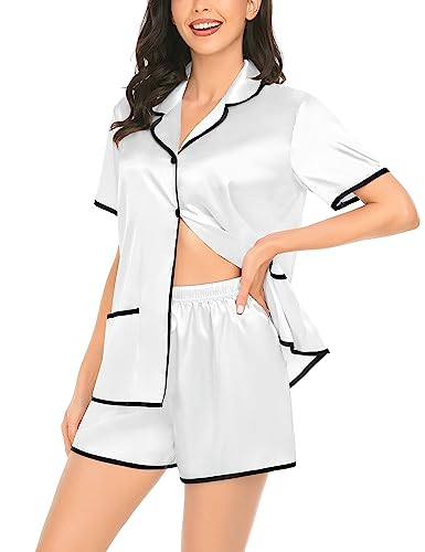 SWOMOG Womens Silk Satin Pajamas Set Two-piece Pj Sets Sleepwear Loungewear Button-Down Pj Sets White