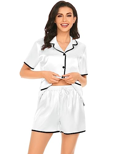 SWOMOG Womens Silk Satin Pajamas Set Two-piece Pj Sets Sleepwear Loungewear Button-Down Pj Sets White