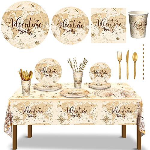 130 Pcs Travel Party Decorations Adventure Awaits Bon Voyage Party Supplies World Map Tablecloth Sets Includes Travel Plates Tablecloth Cups Straws Knife Forks Napkins for Birthday Party