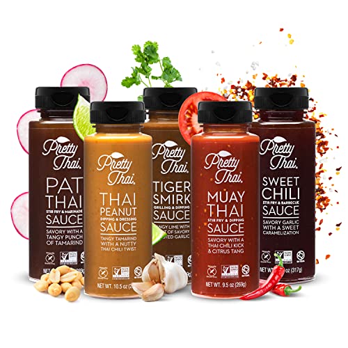 Pretty Thai Sauce Bundle | Sweet Chili + Thai Peanut Sauce + Pat Thai + Muay Thai + Tiger Smirk | Gluten Free Certified Non-GMO Authentic Condiment for Stir Fry Seasoning Dipping