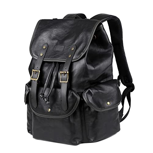 Leather 15.6 inch Laptop Backpack Hiking Camping Backpack Satchel Bookbag Travel Business Casual Backpack CN-01 (Black)