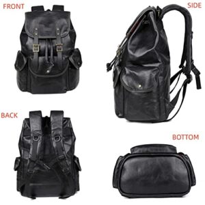 Leather 15.6 inch Laptop Backpack Hiking Camping Backpack Satchel Bookbag Travel Business Casual Backpack CN-01 (Black)